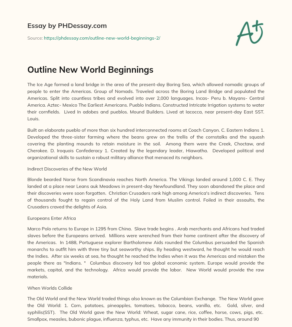 Outline New World Beginnings - PHDessay.com