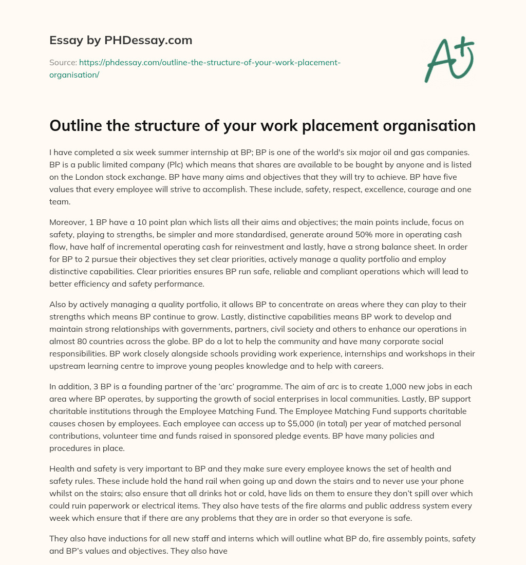 Outline the structure of your work placement organisation - PHDessay.com