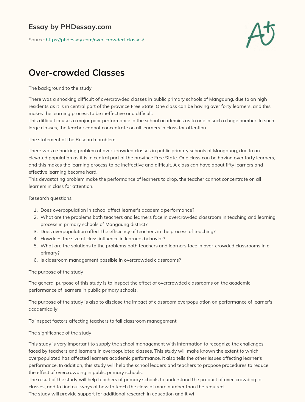 Over-Crowded Classes Definition Example - PHDessay.com