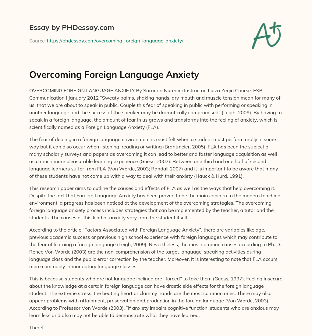 Overcoming Foreign Language Anxiety PHDessay