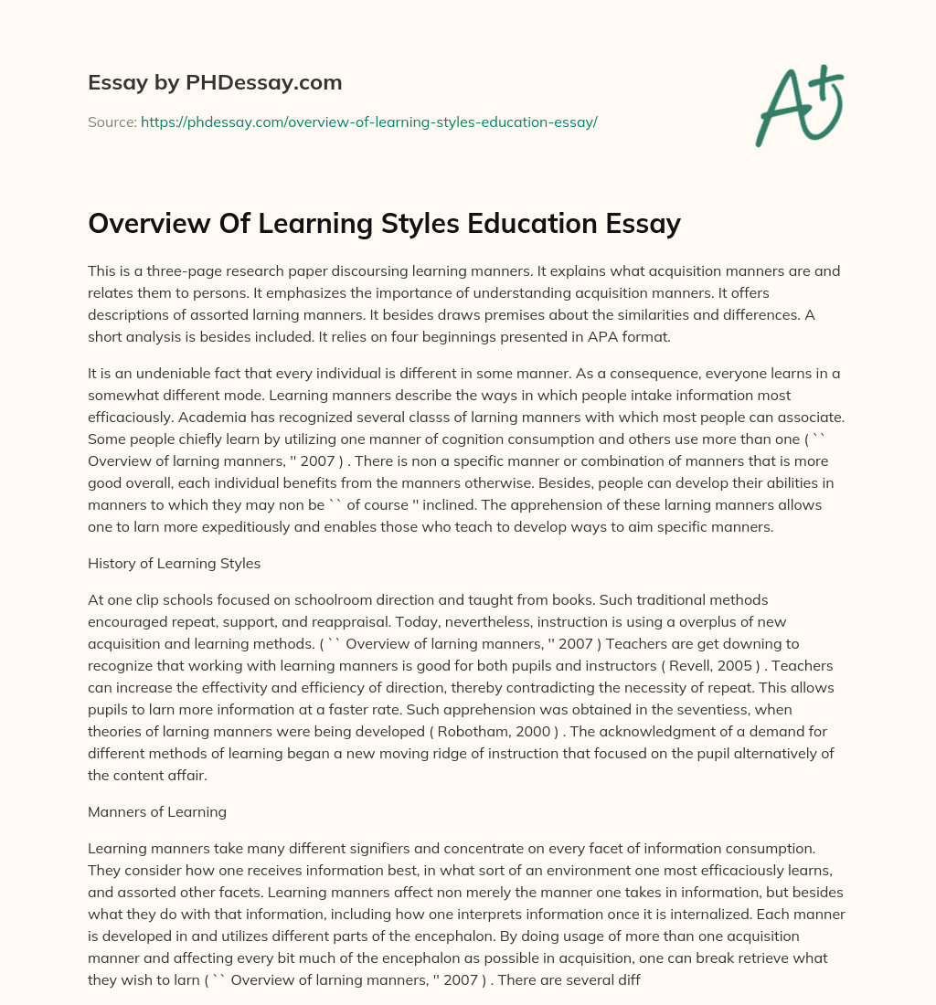 Overview Of Learning Styles Education Essay - PHDessay.com