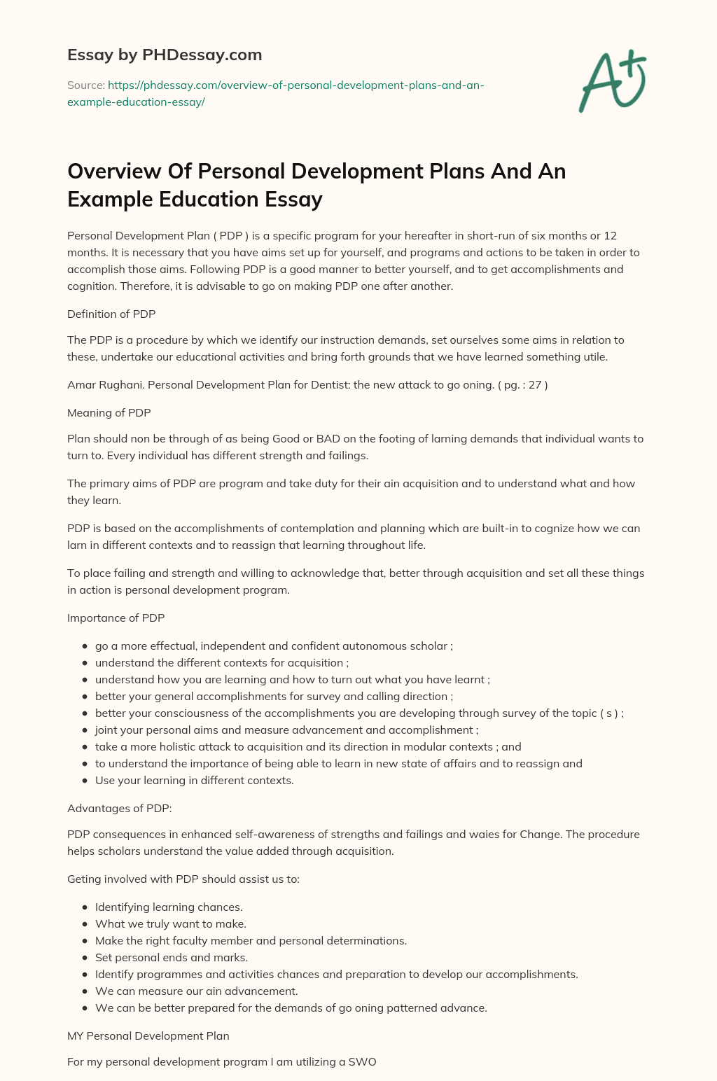 Overview Of Personal Development Plans And An Example Education Essay ...