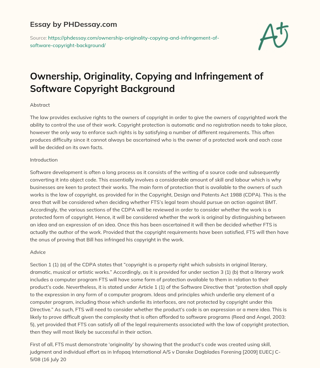 Ownership, Originality, Copying and Infringement of Software Copyright ...
