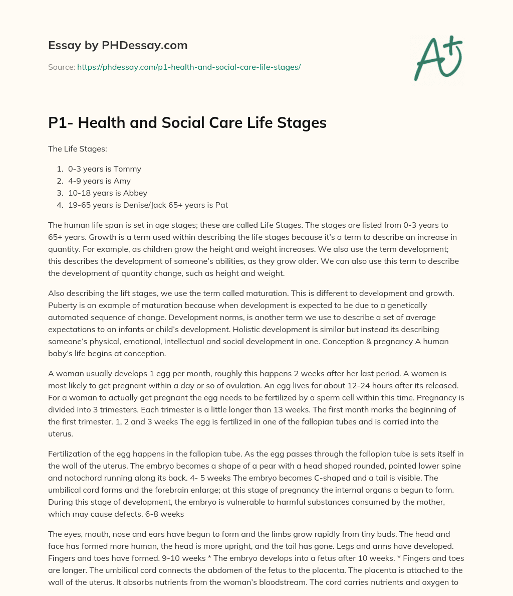 P1- Health and Social Care Life Stages - PHDessay.com