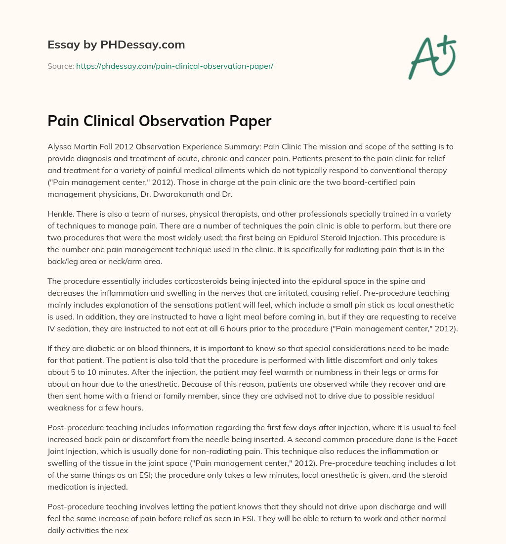 Pain Clinical Observation Paper - PHDessay.com