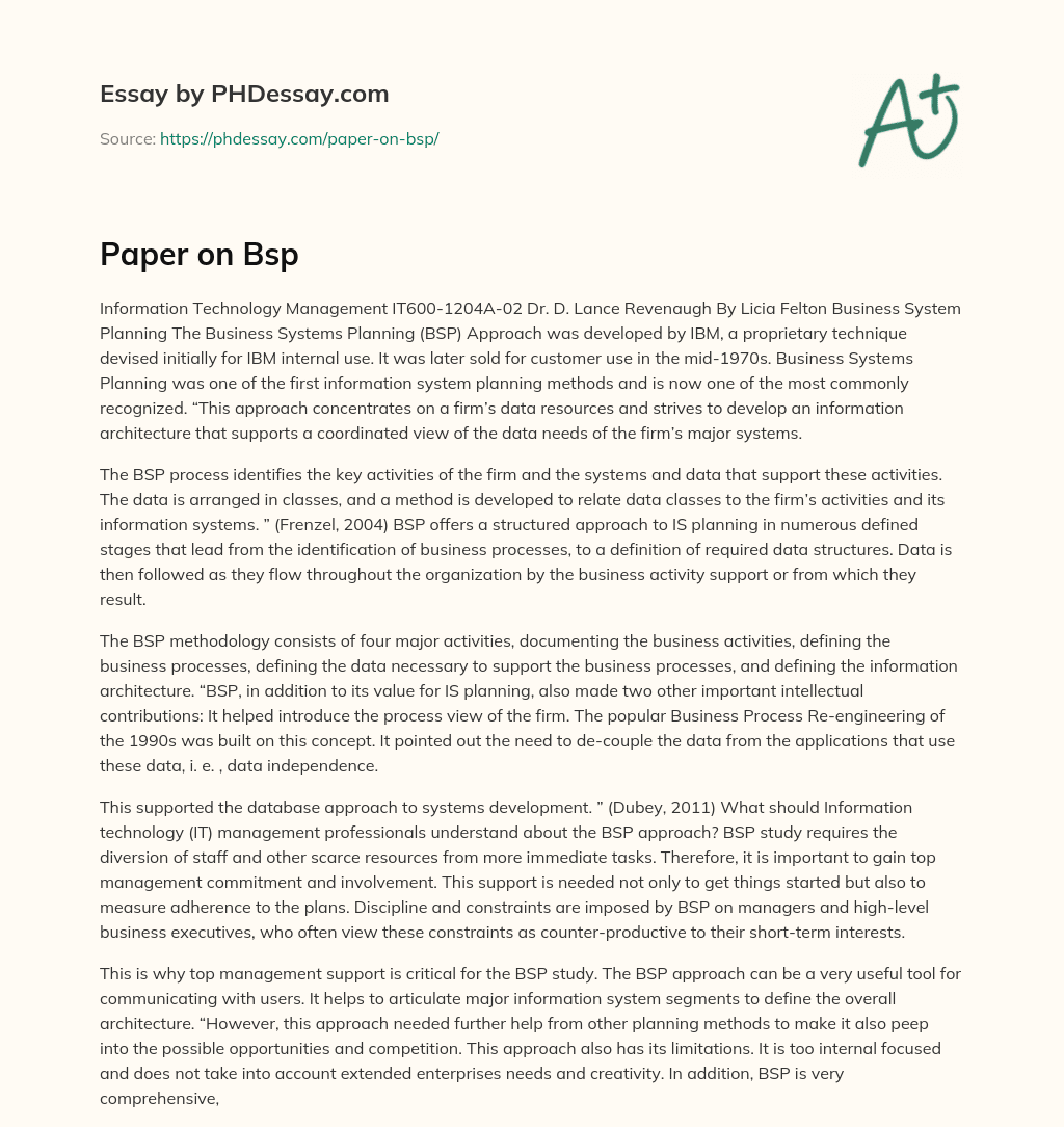 Paper on Bsp (600 Words) - PHDessay.com