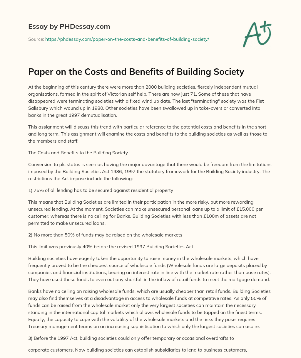 Paper on the Costs and Benefits of Building Society - PHDessay.com