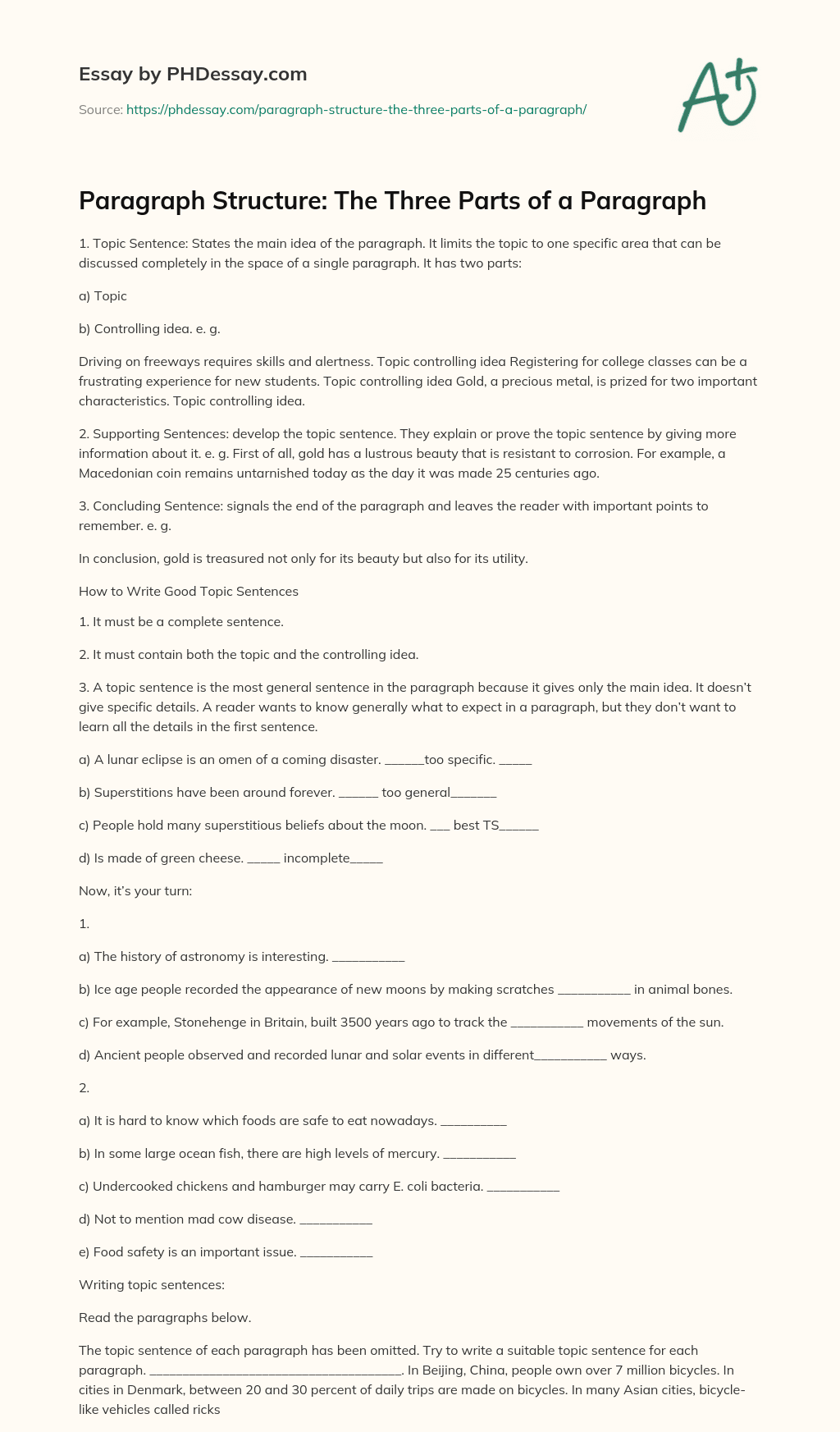 Paragraph Structure: The Three Parts of a Paragraph - PHDessay.com