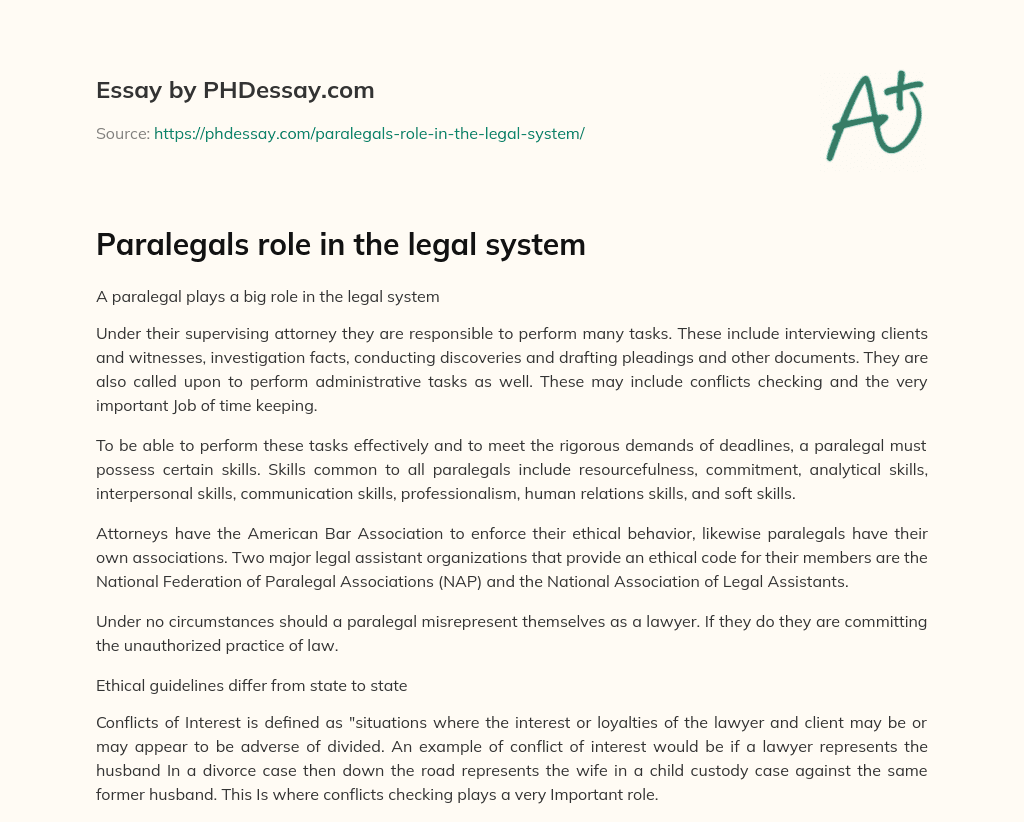Paralegals role in the legal system (300 Words) - PHDessay.com