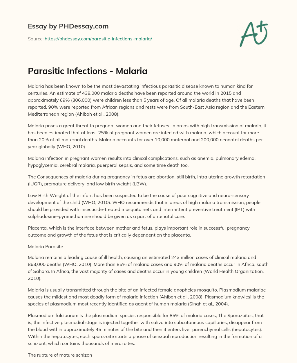 Parasitic Infections - Malaria - PHDessay.com