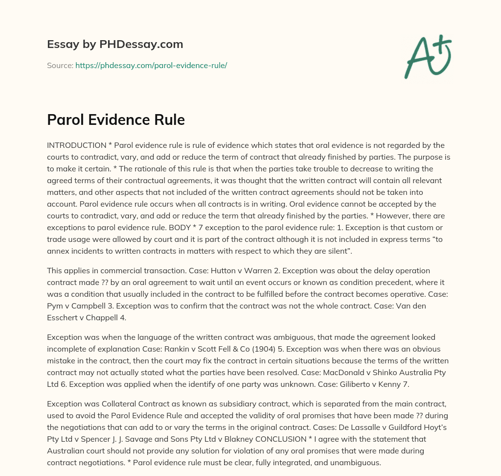 Parol Evidence Rule (500 Words) - PHDessay.com