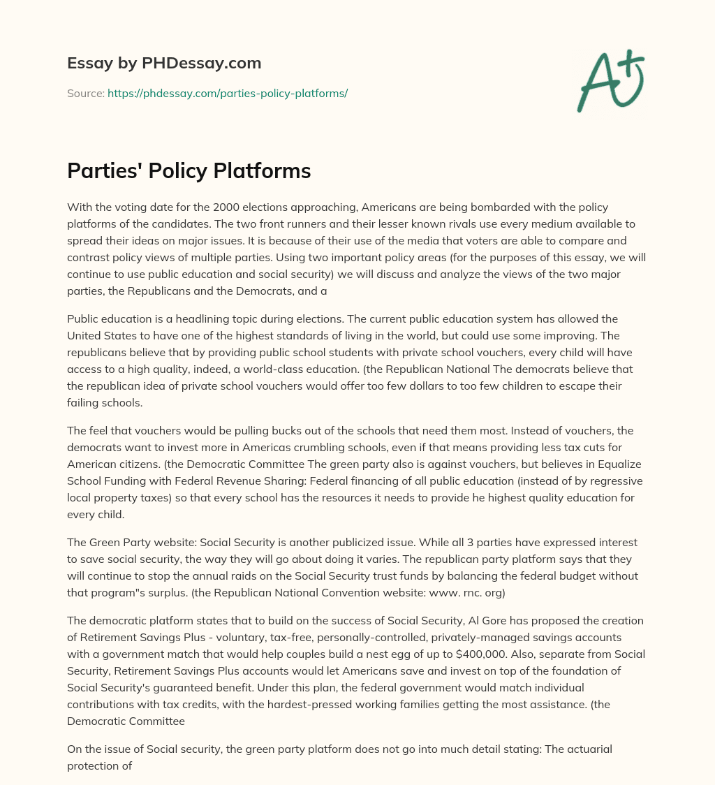 Parties' Policy Platforms (500 Words) - PHDessay.com