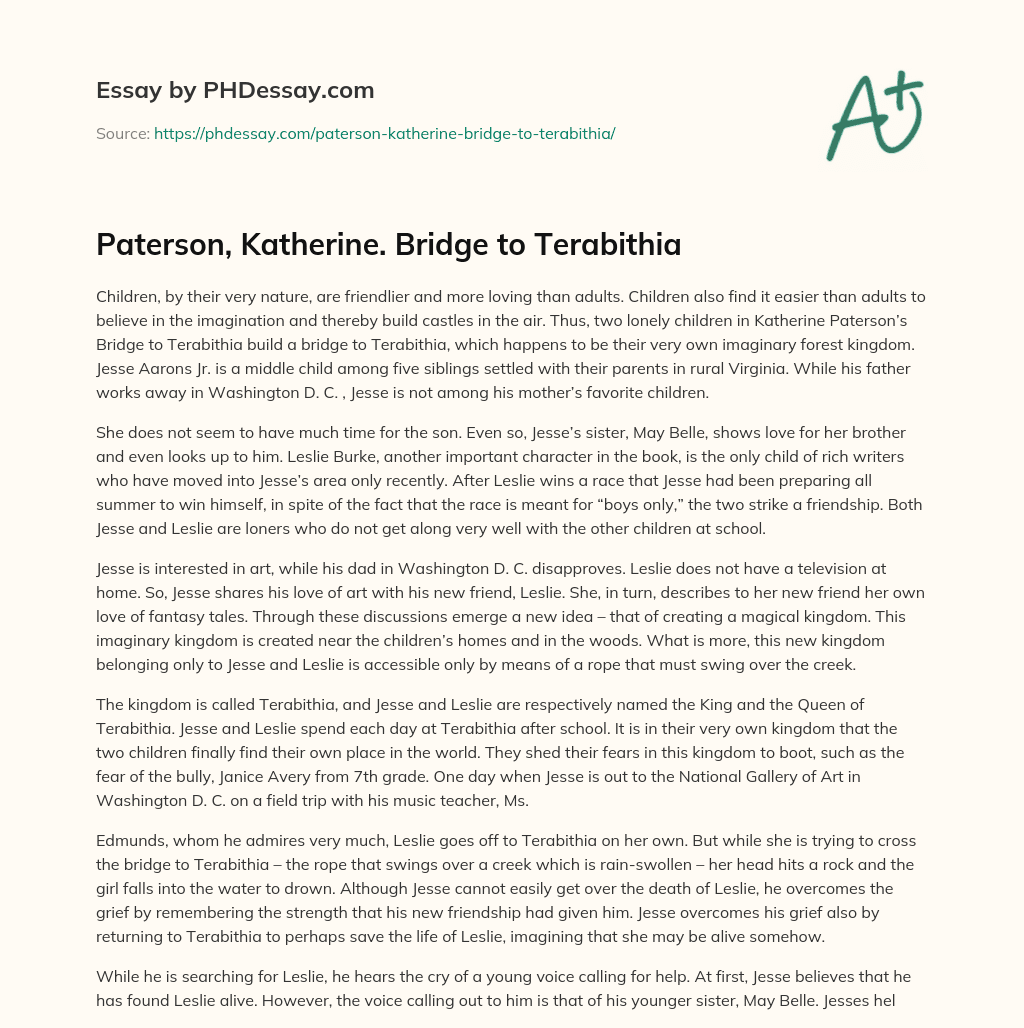 Paterson, Katherine. Bridge to Terabithia - PHDessay.com
