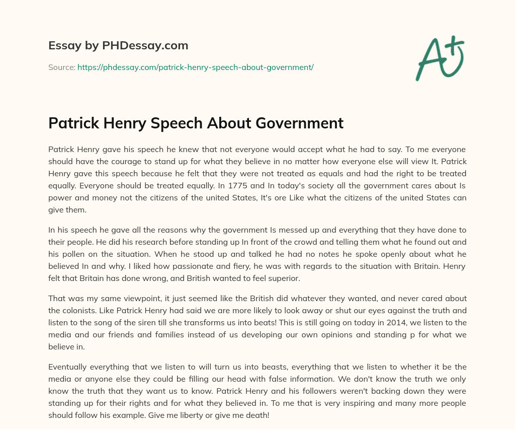 Patrick Henry Speech About Government (400 Words) - PHDessay.com