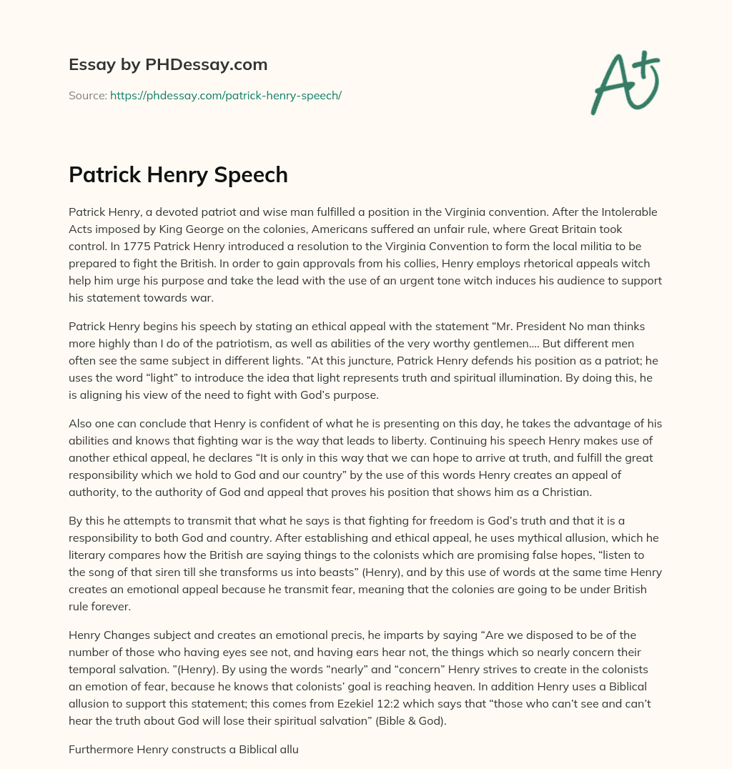 Patrick Henry Speech - PHDessay.com