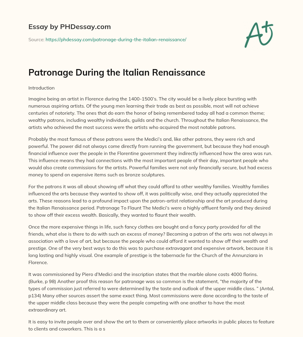 Patronage During the Italian Renaissance - PHDessay.com