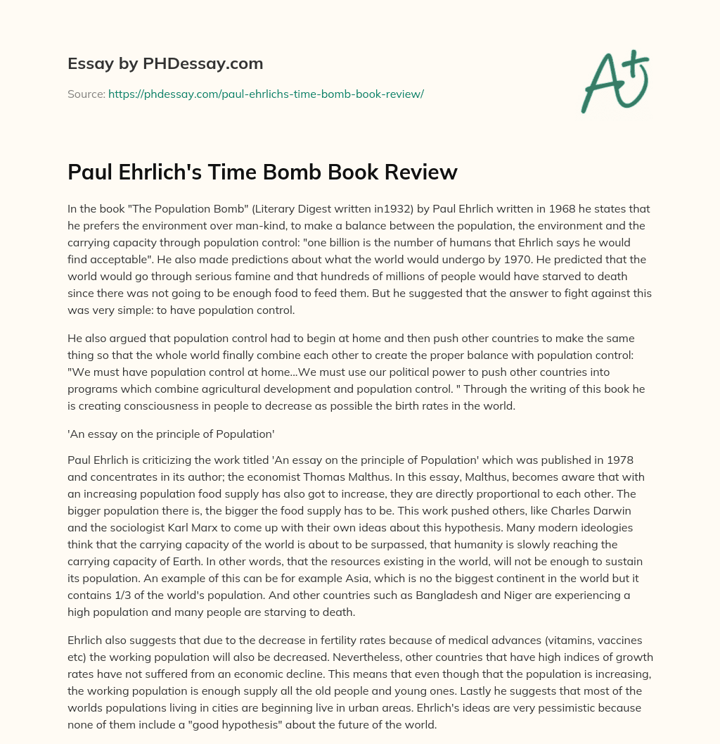Paul Ehrlich's Time Bomb Book Review - PHDessay.com