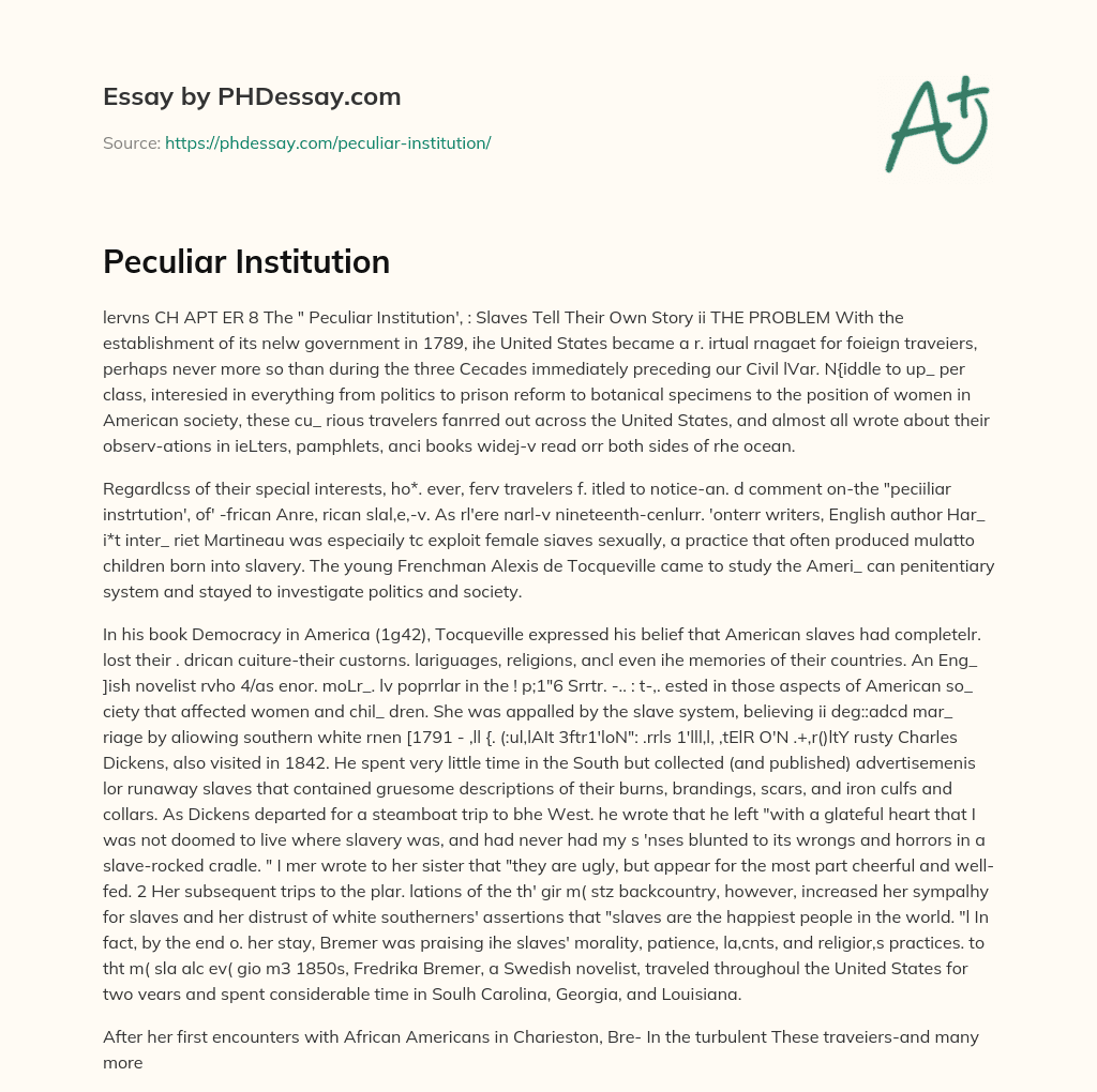 Peculiar Institution - PHDessay.com