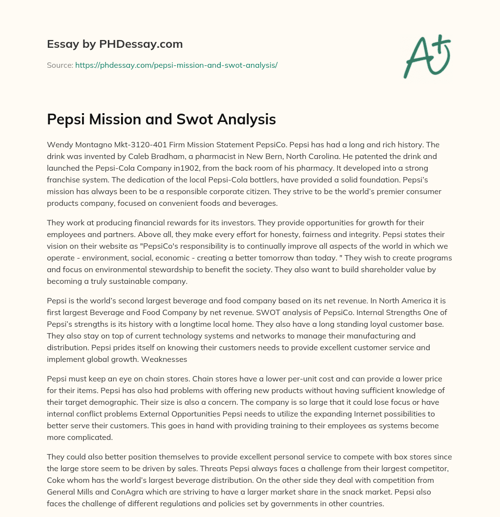 Pepsi Mission and Swot Analysis (500 Words) - PHDessay.com
