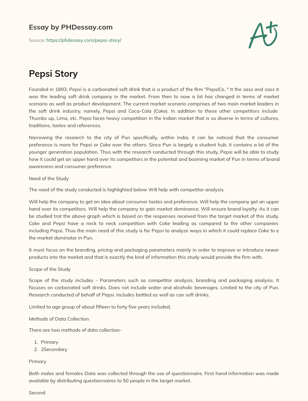 Pepsi Story (600 Words) - PHDessay.com