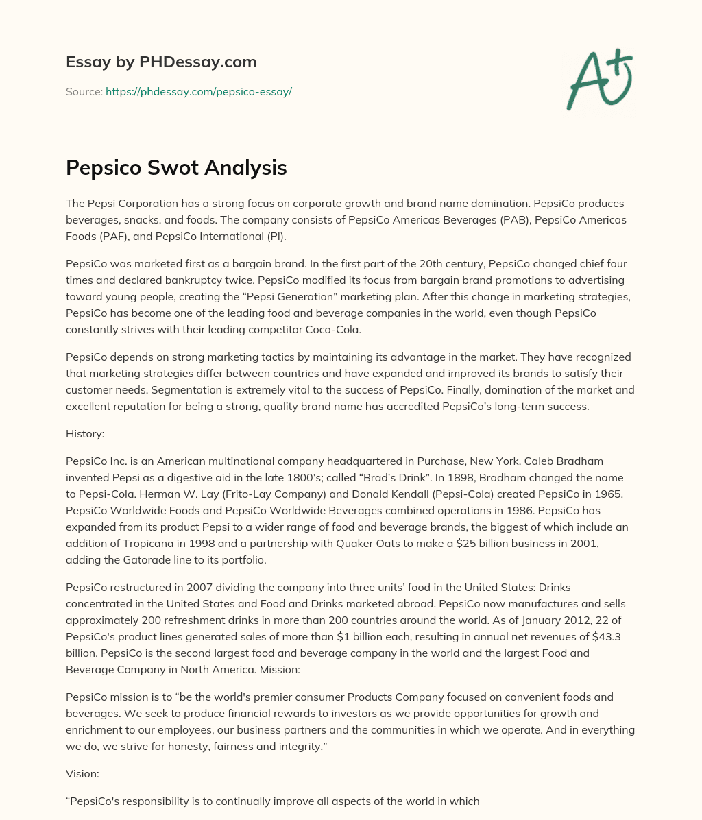 Pepsico Swot Analysis Essay Example - PHDessay.com