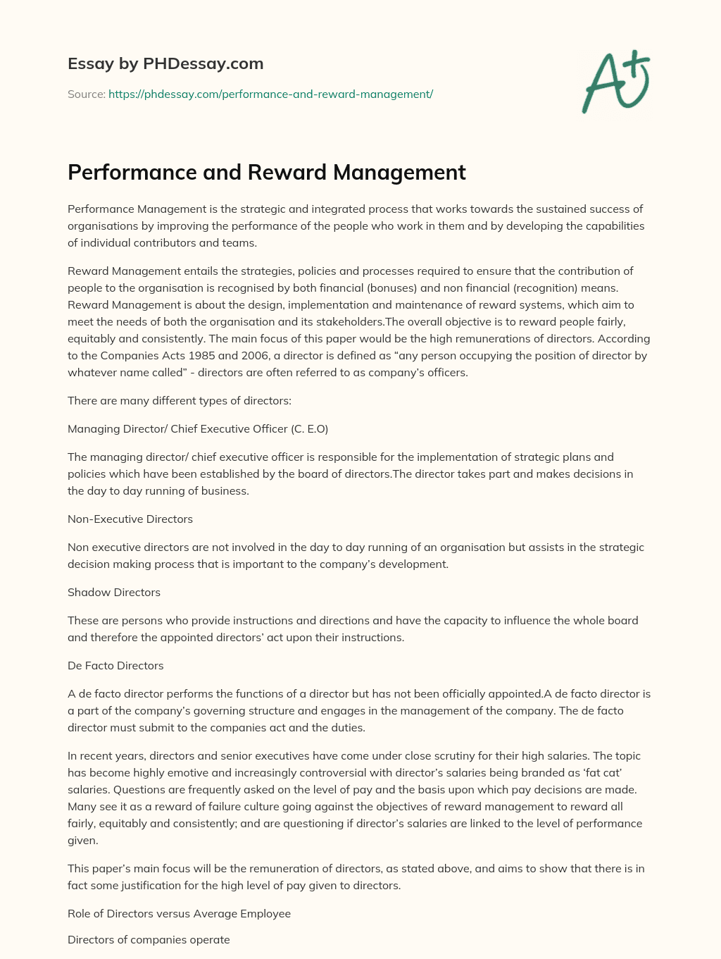 Performance and Reward Management - PHDessay.com