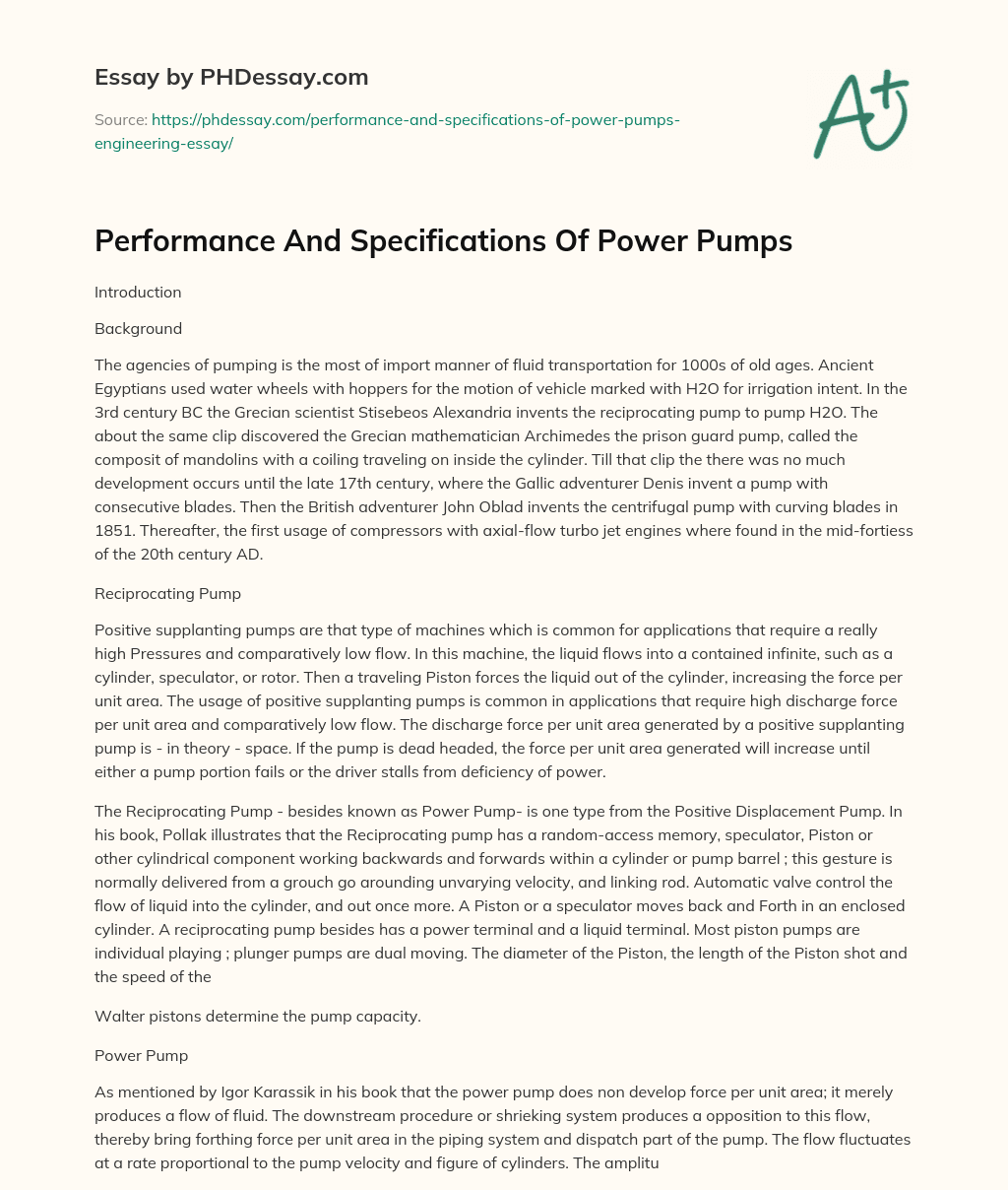 Performance And Specifications Of Power Pumps - PHDessay.com