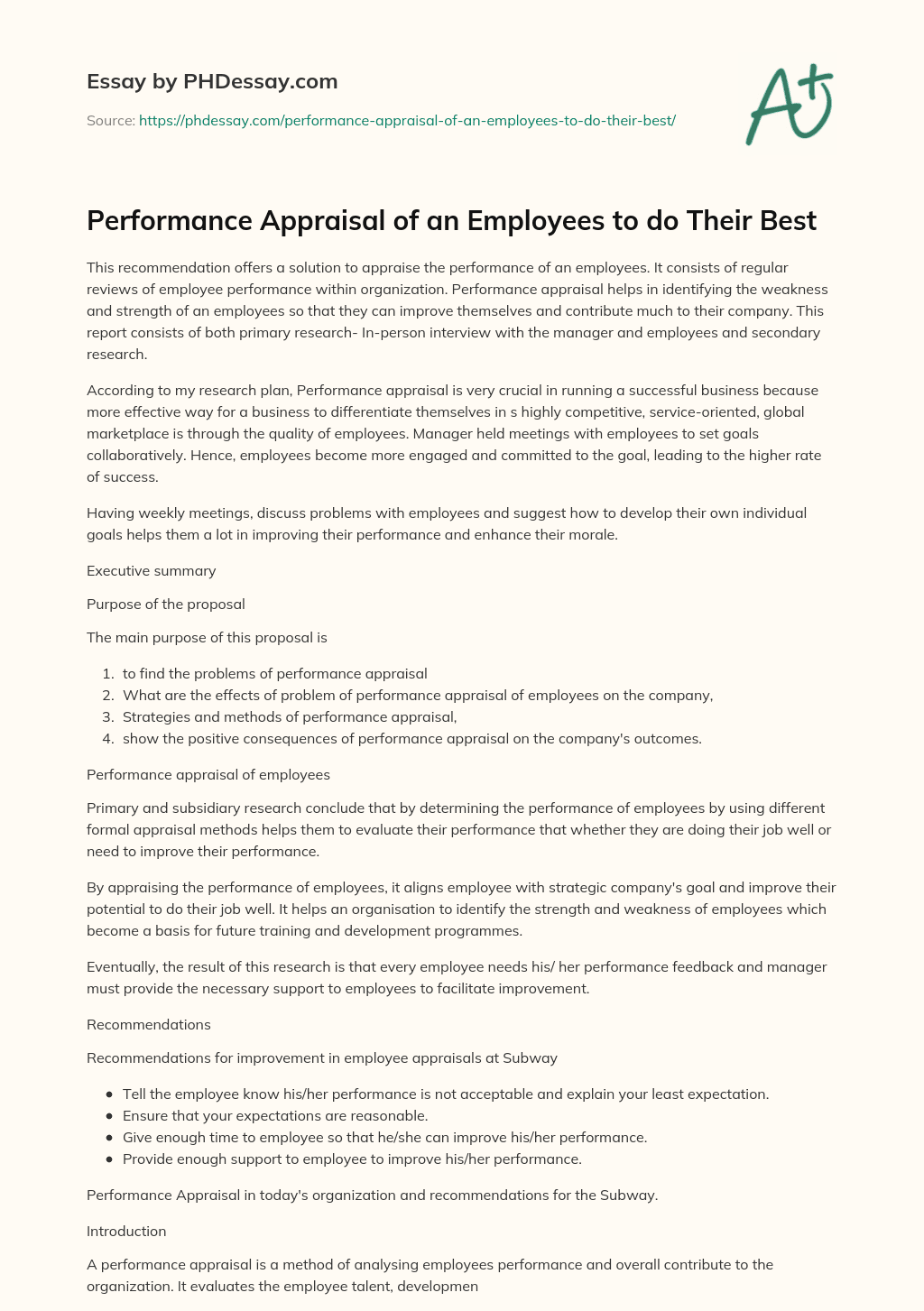 Performance Appraisal of an Employees to do Their Best - PHDessay.com