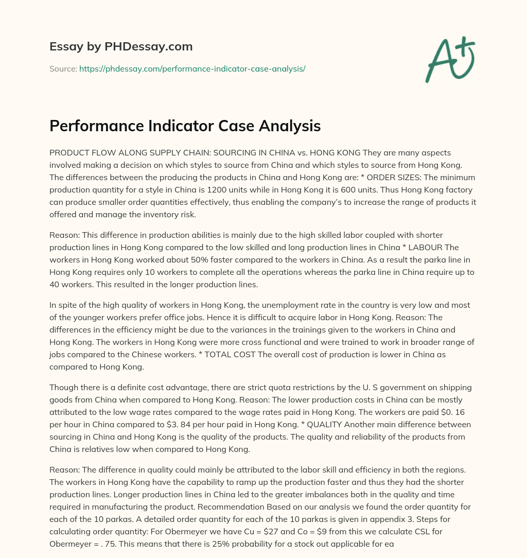 Performance Indicator Case Analysis - PHDessay.com