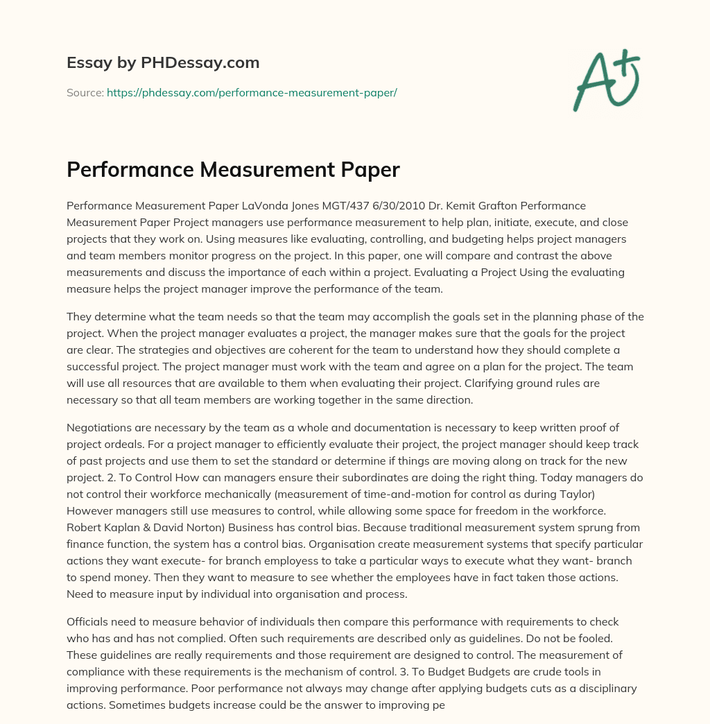 Performance Measurement Paper - PHDessay.com