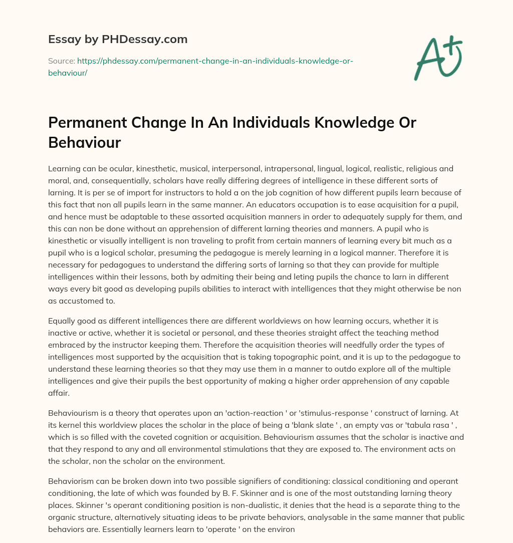 Permanent Change In An Individuals Knowledge Or Behaviour - PHDessay.com