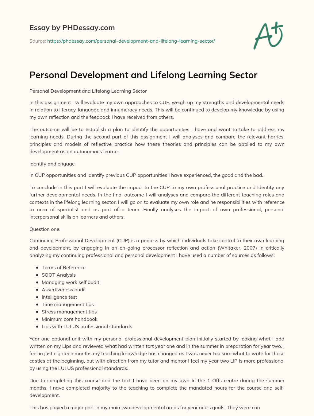Personal Development and Lifelong Learning Sector - PHDessay.com