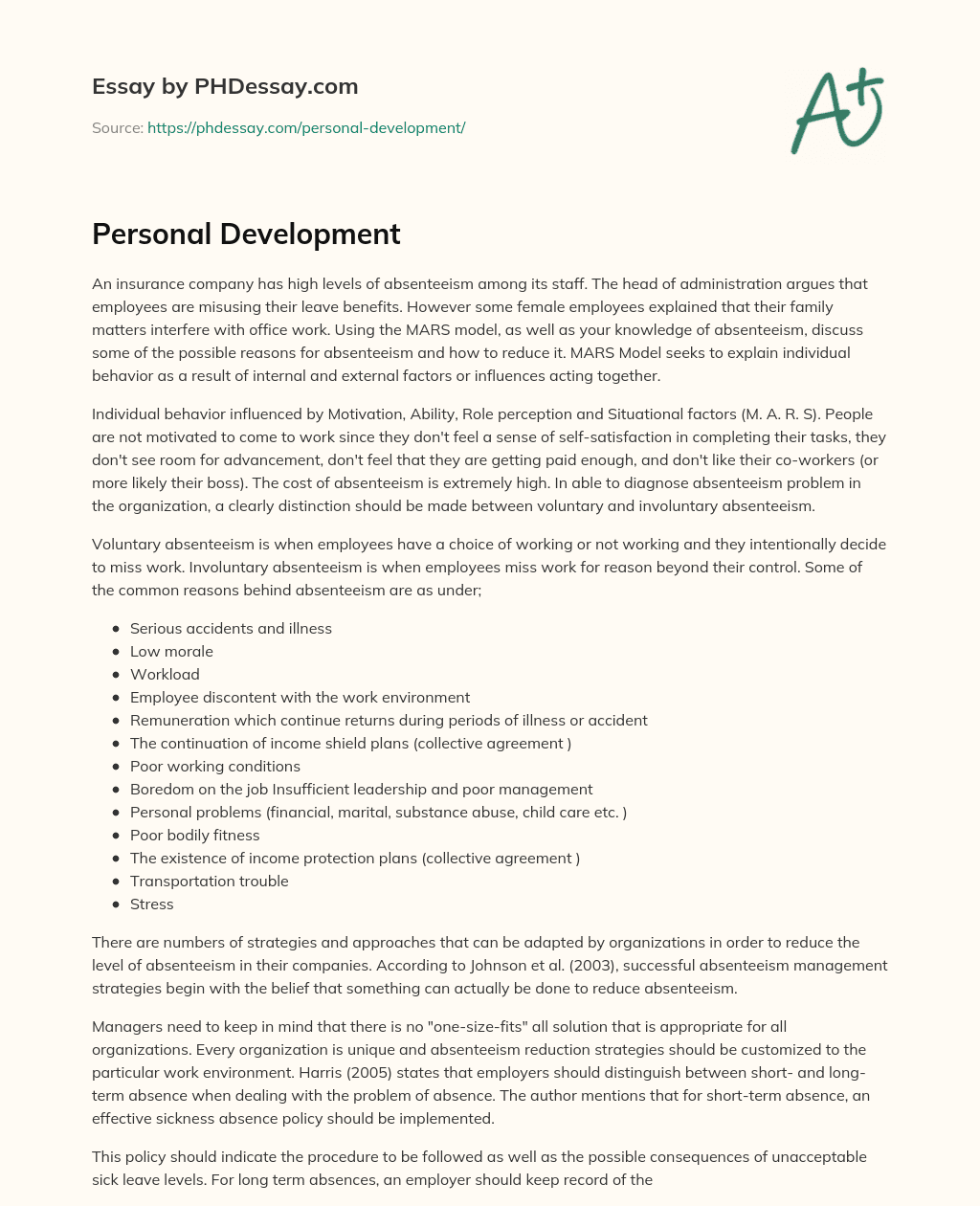 Personal Development (500 Words) - PHDessay.com