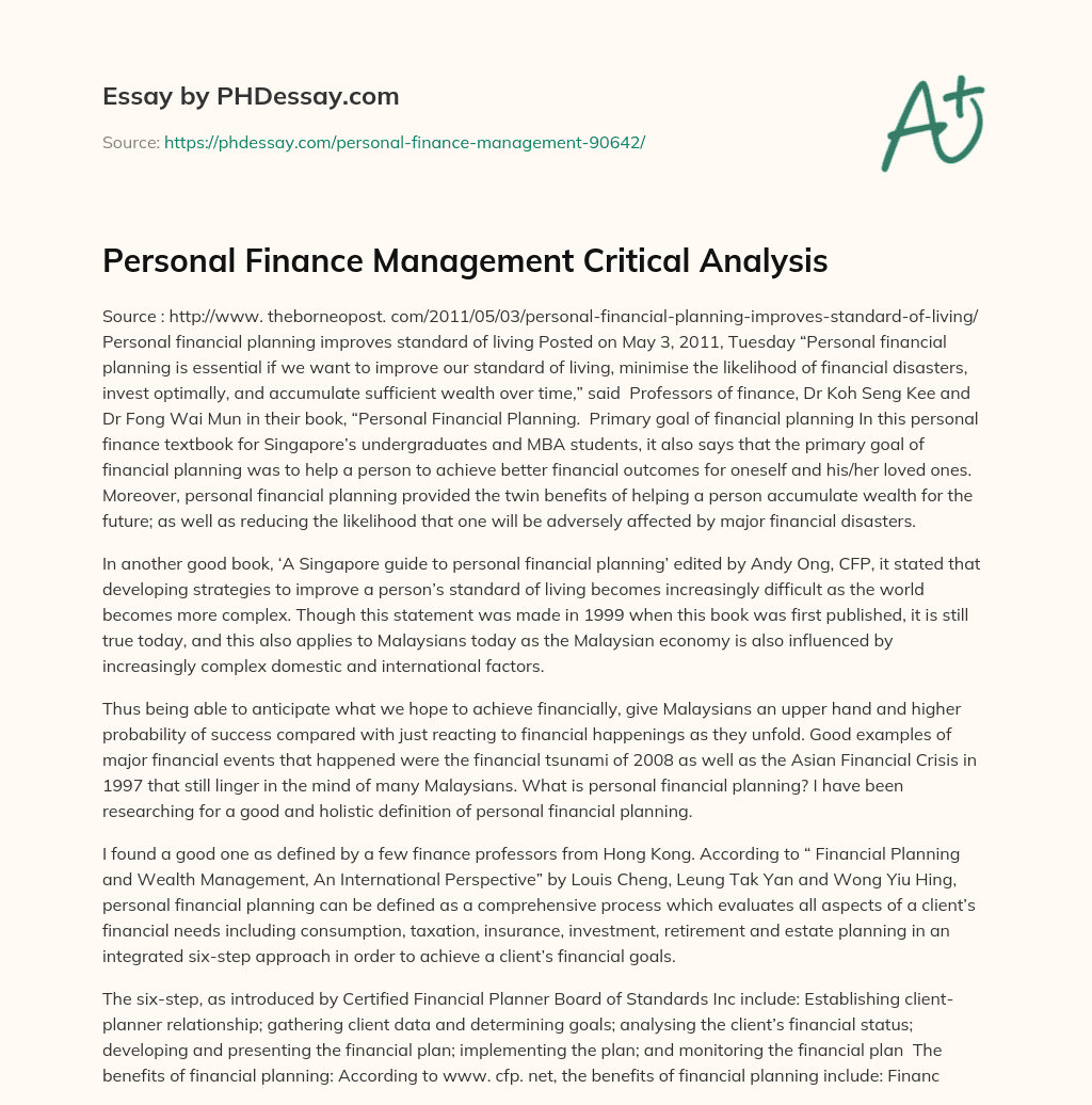 Personal Finance Management Critical Analysis - PHDessay.com