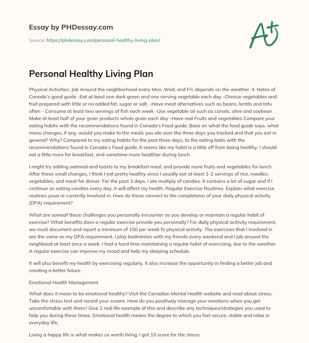 Personal Healthy Living Plan - PHDessay.com