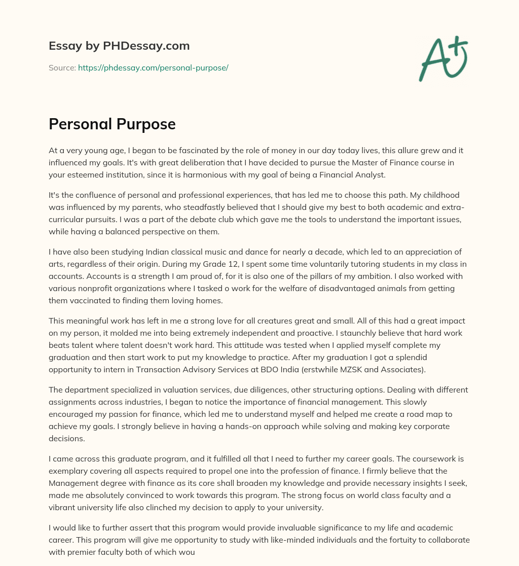 Personal Purpose (500 Words) - PHDessay.com