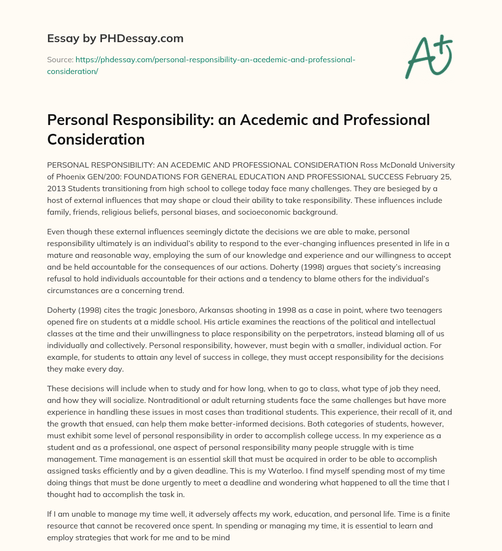 Personal Responsibility: an Acedemic and Professional Consideration ...