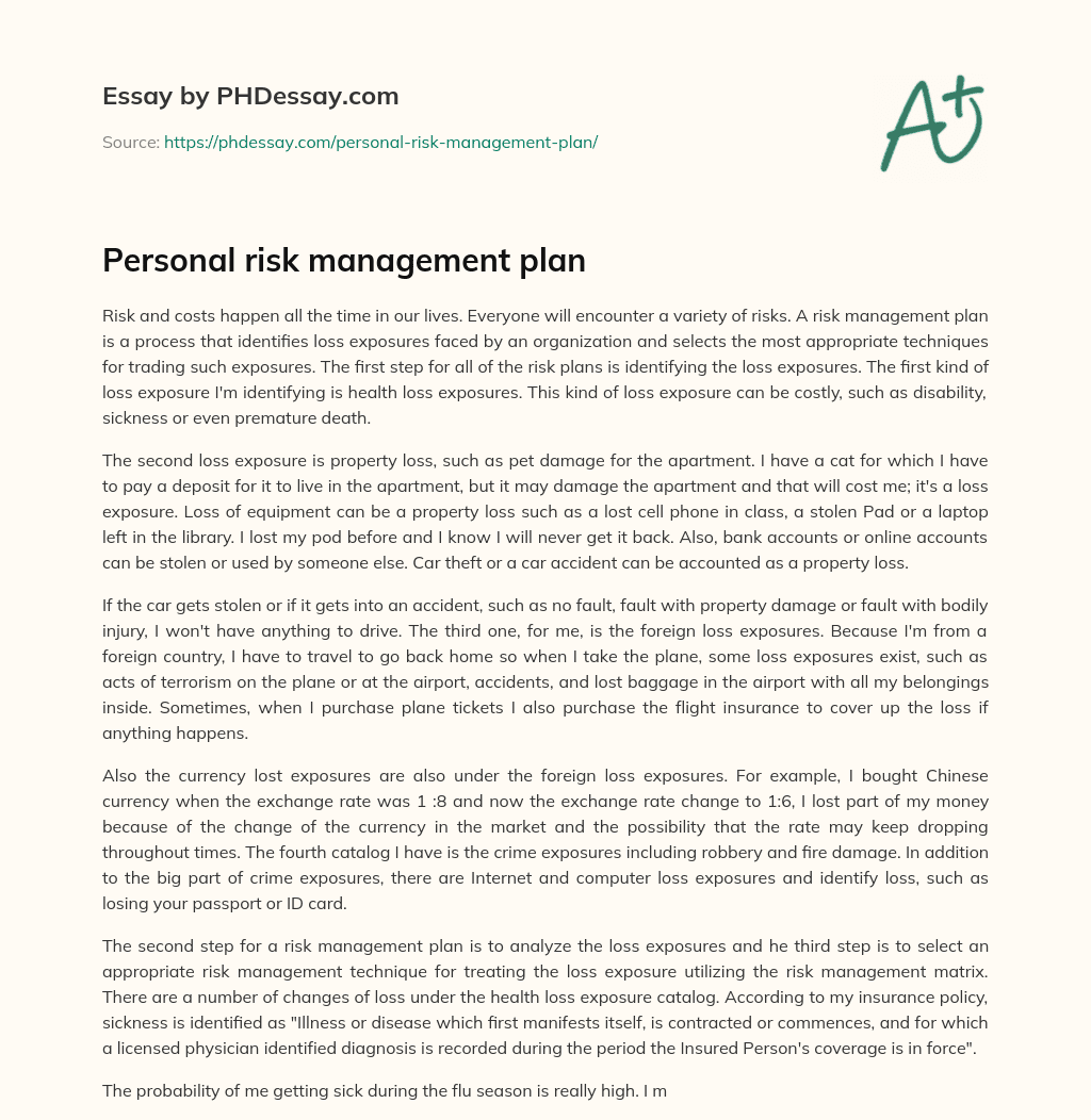Personal risk management plan - PHDessay.com