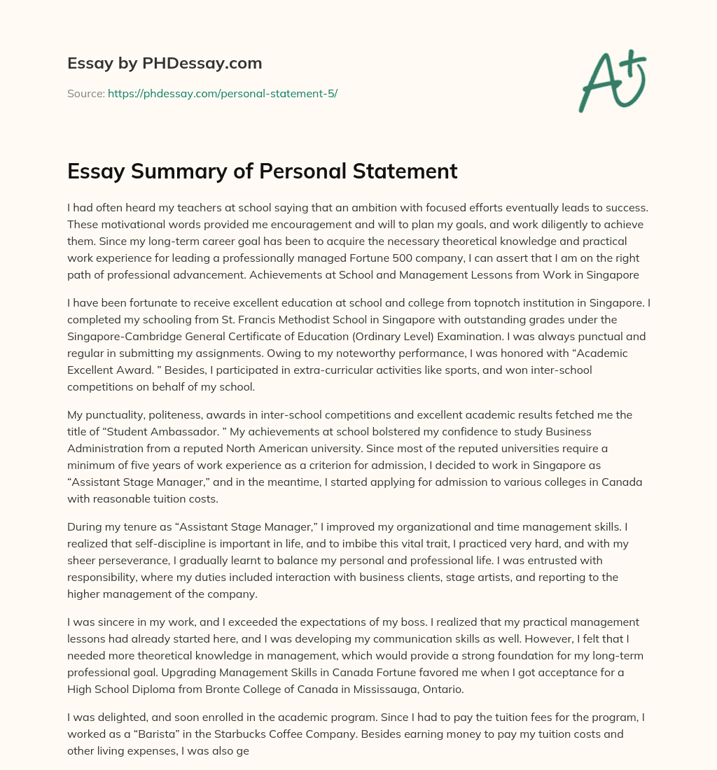 Essay Summary of Personal Statement - PHDessay.com