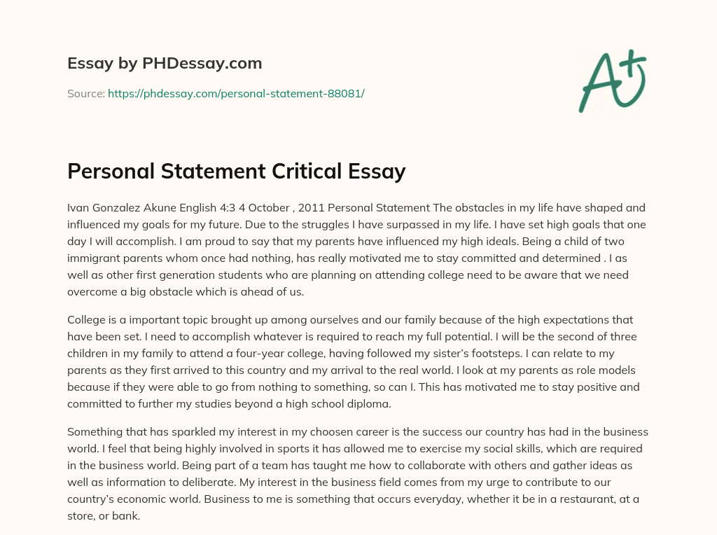 Personal Statement Critical Essay (300 Words) - PHDessay.com