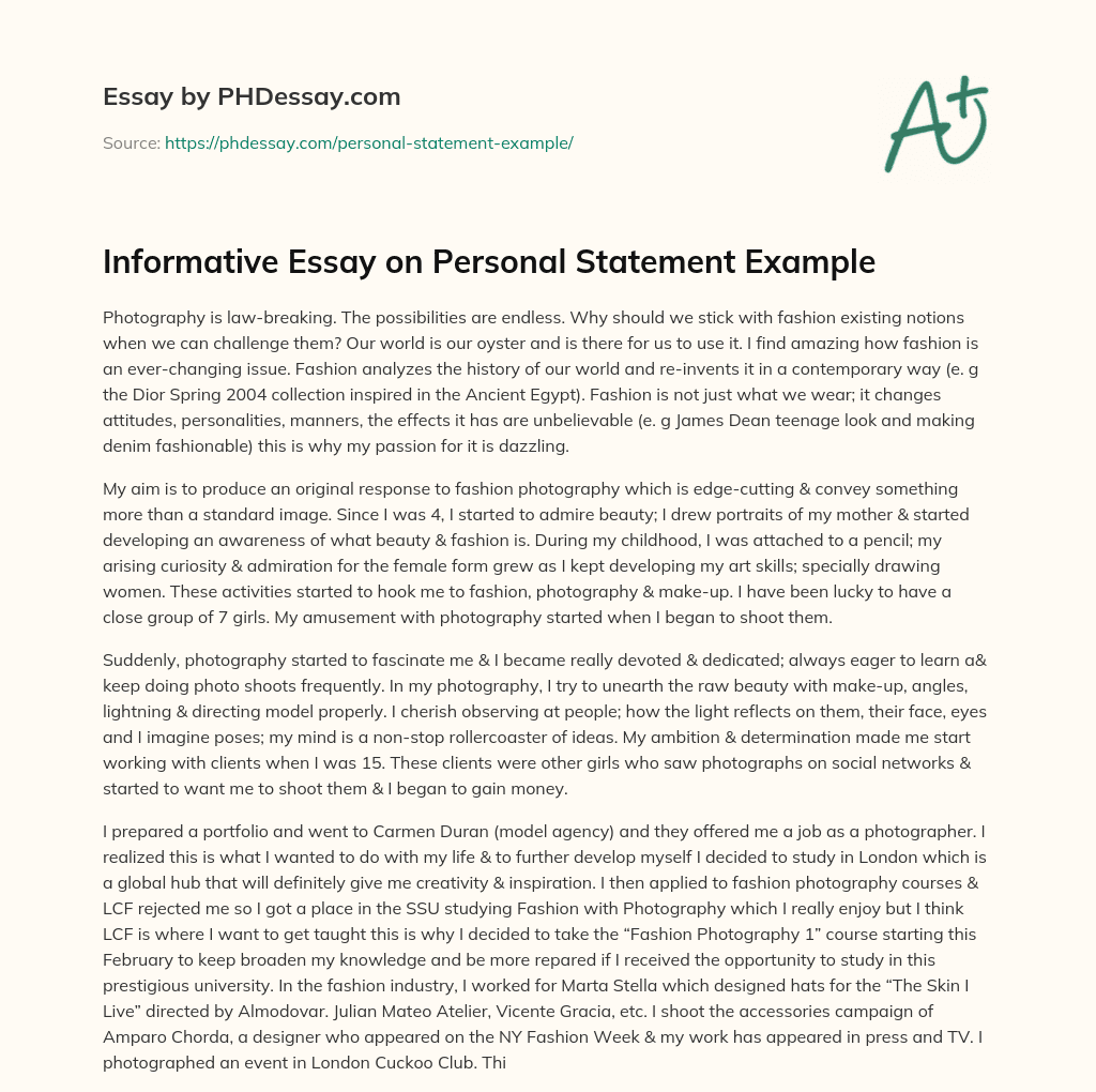 Informative Essay on Personal Statement Example - PHDessay.com