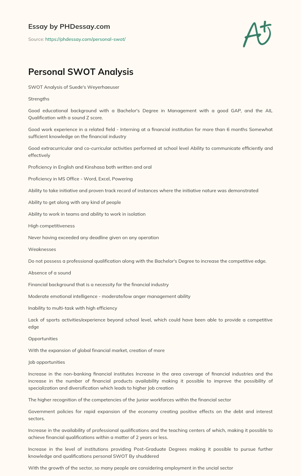 Personal SWOT Analysis (400 Words) - PHDessay.com