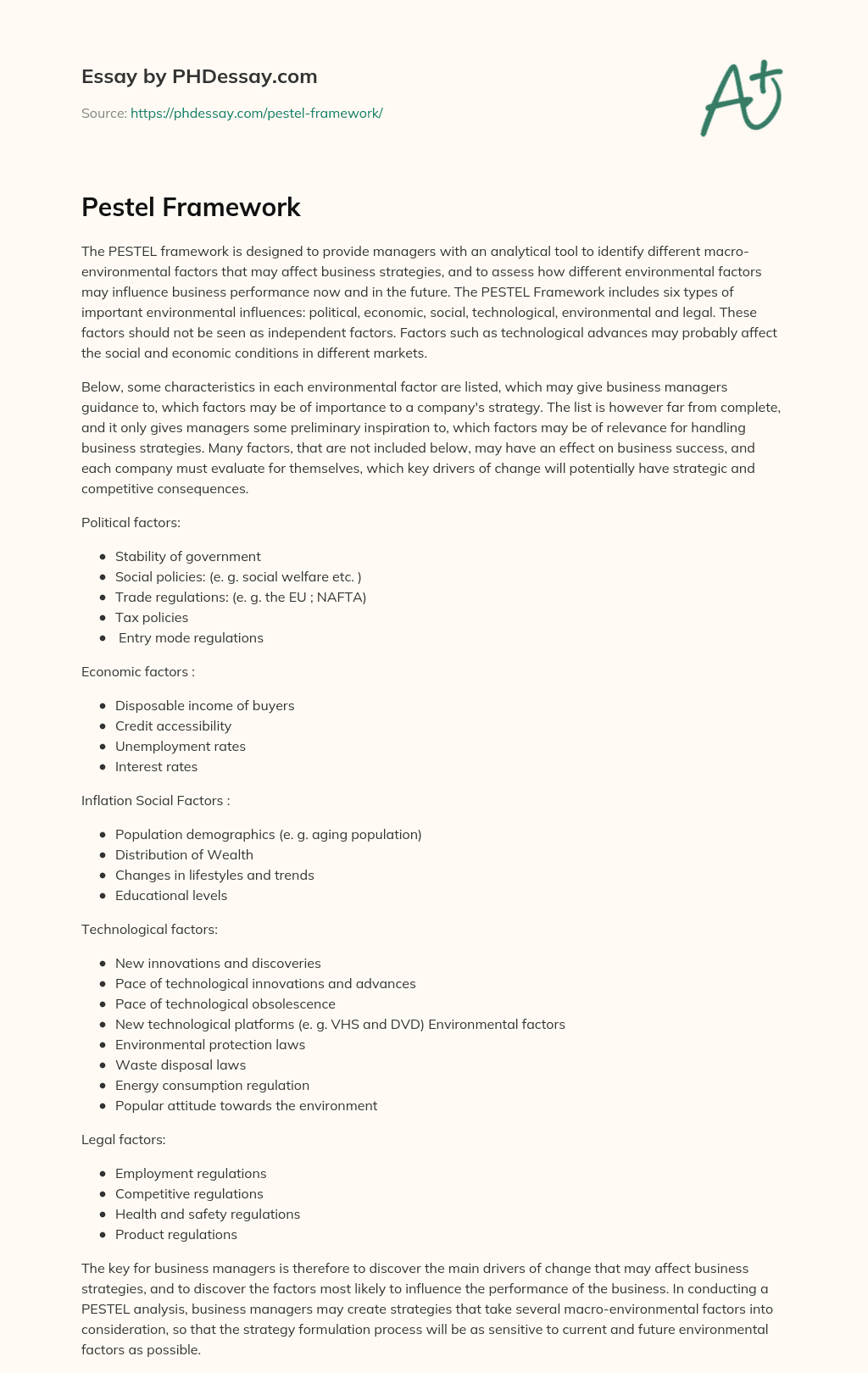 Pestel Framework (400 Words) - PHDessay.com