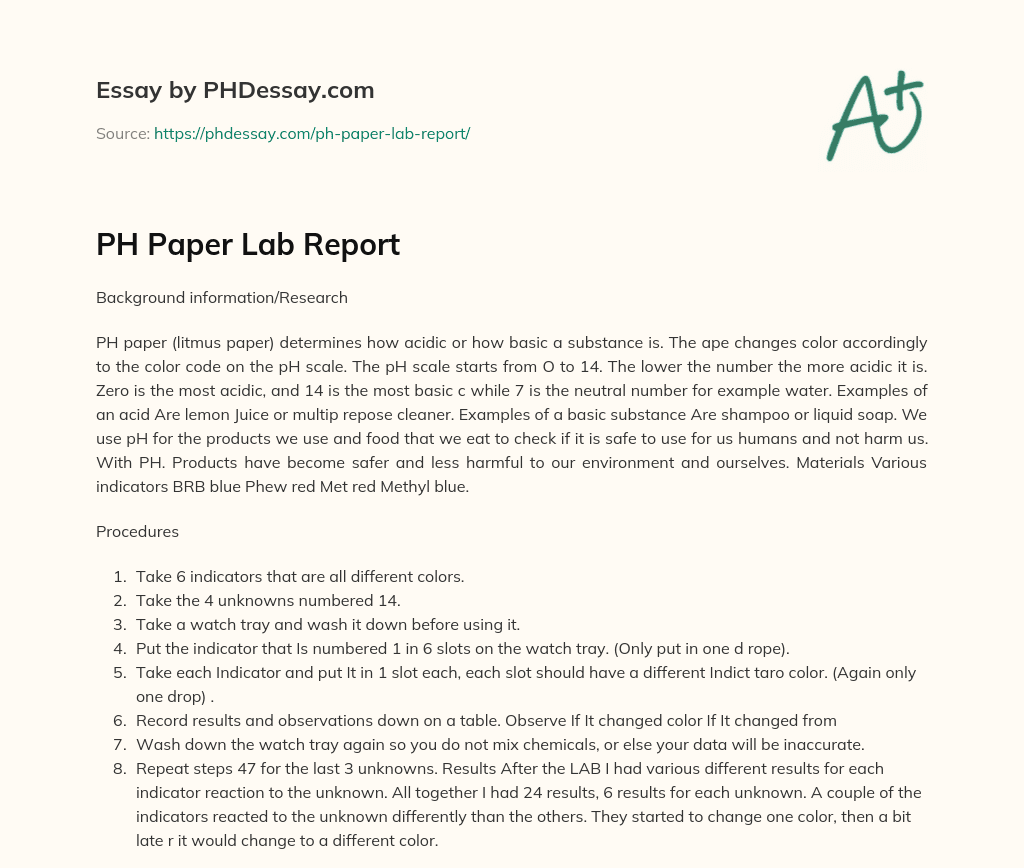 PH Paper Lab Report - PHDessay.com