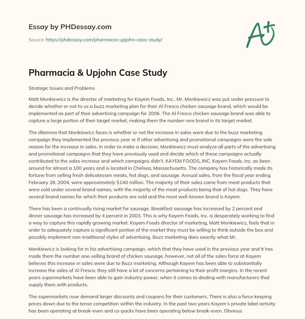 Pharmacia & Upjohn Case Study - PHDessay.com