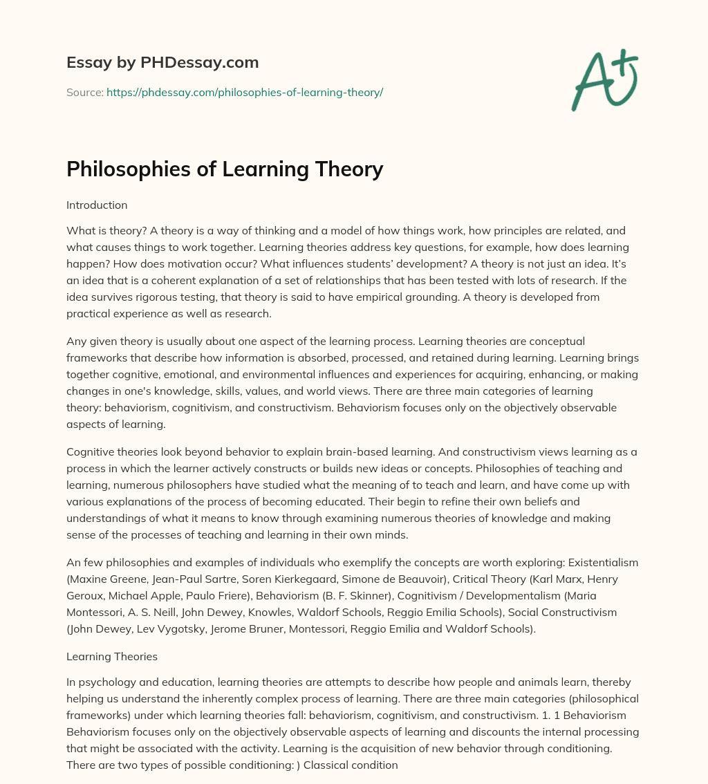 Philosophies of Learning Theory - PHDessay.com