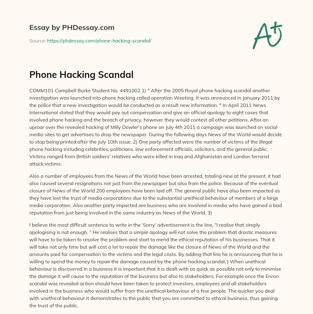 Phone Hacking Scandal (500 Words) - PHDessay.com