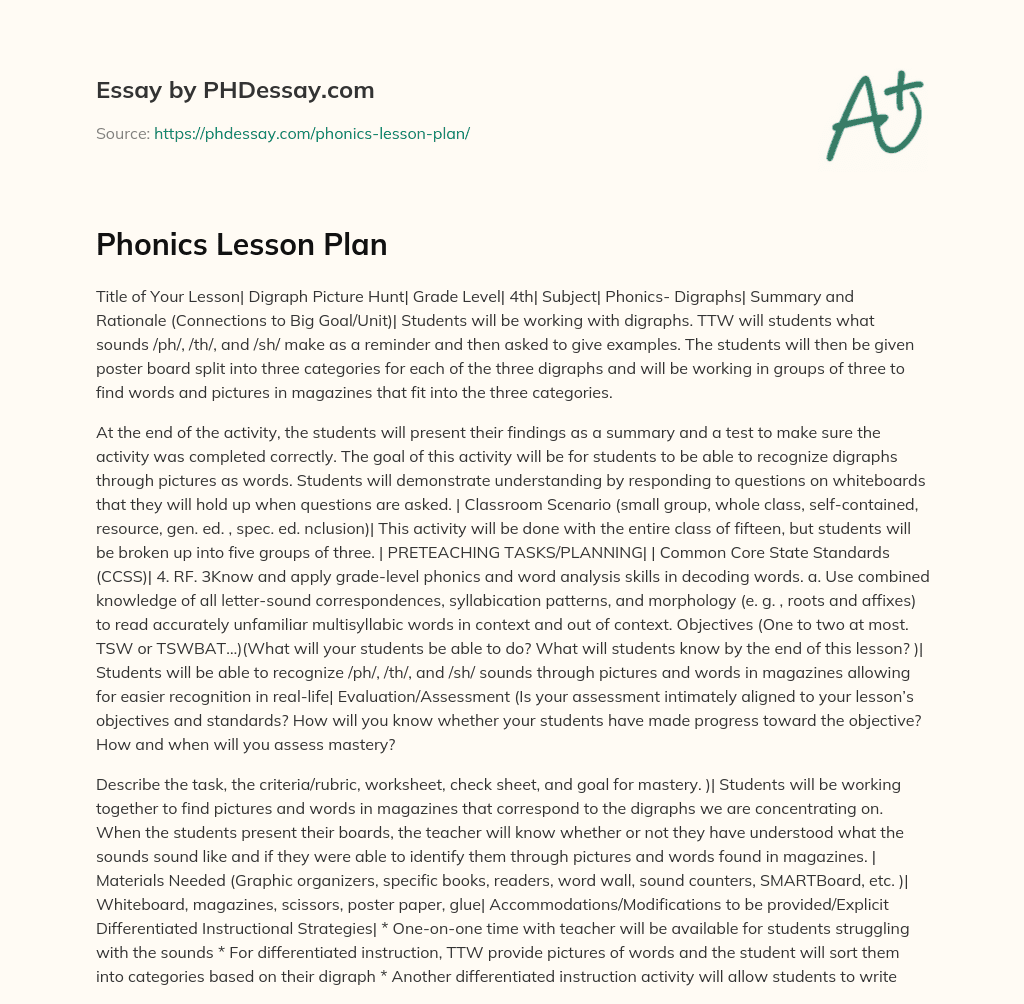Phonics Lesson Plan - PHDessay.com