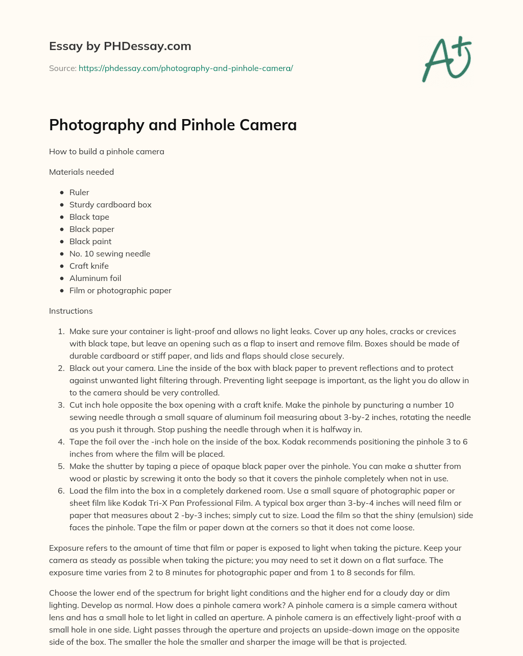 Photography and Pinhole Camera (500 Words) - PHDessay.com