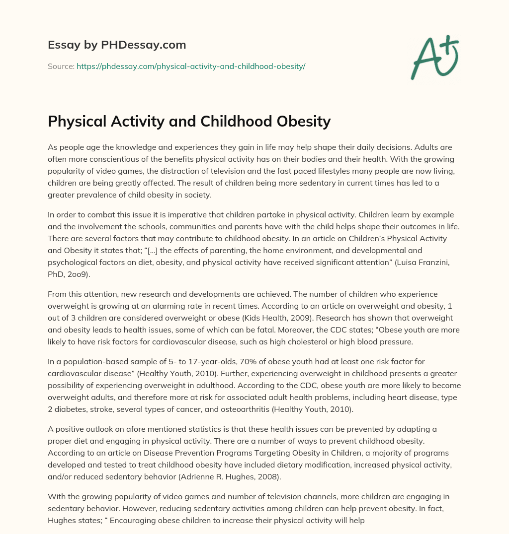Physical Activity and Childhood Obesity (600 Words) - PHDessay.com